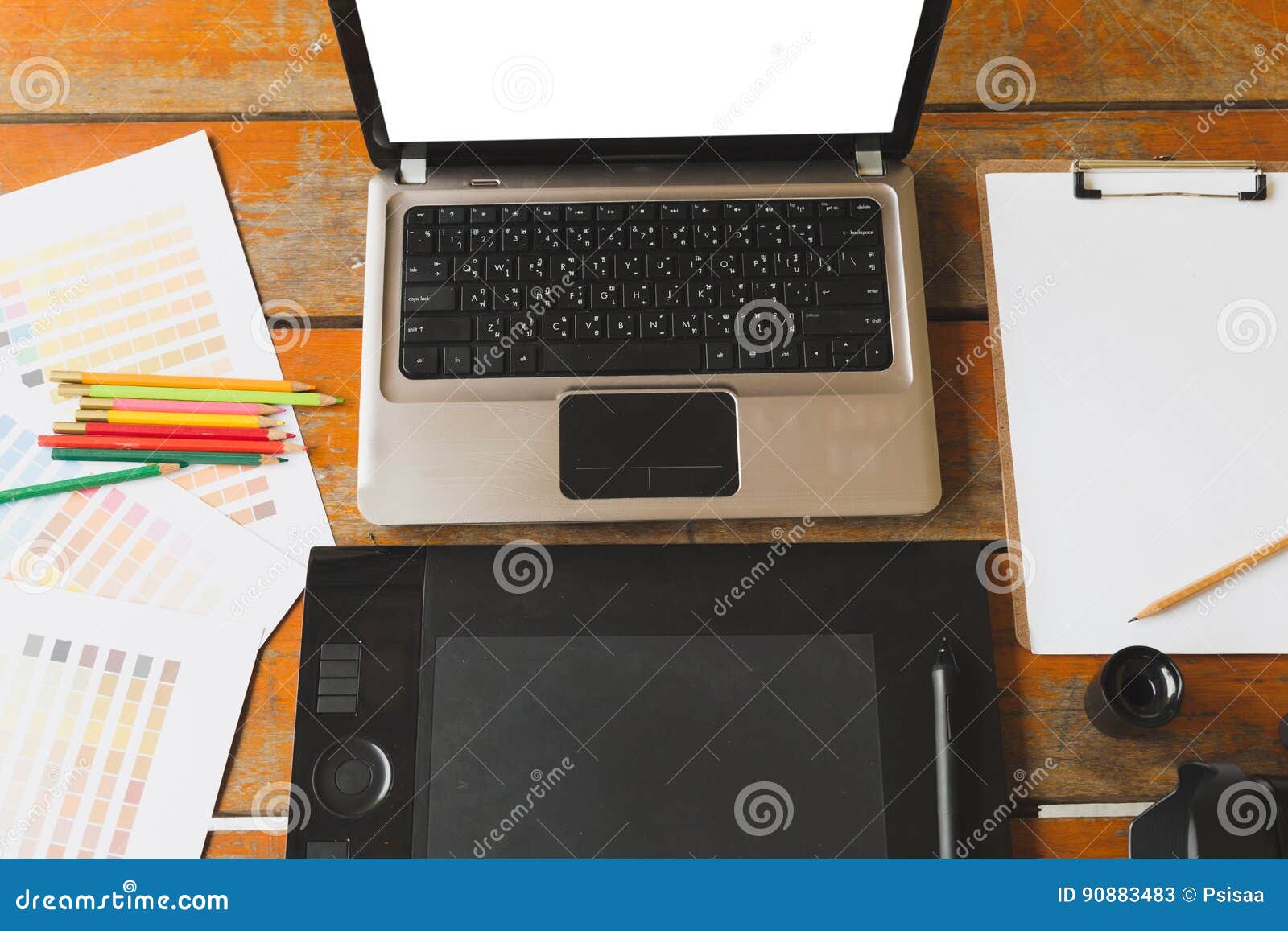 Desk of Graphic Designer at Work - Digital Tablet, Computer, Col Stock ...