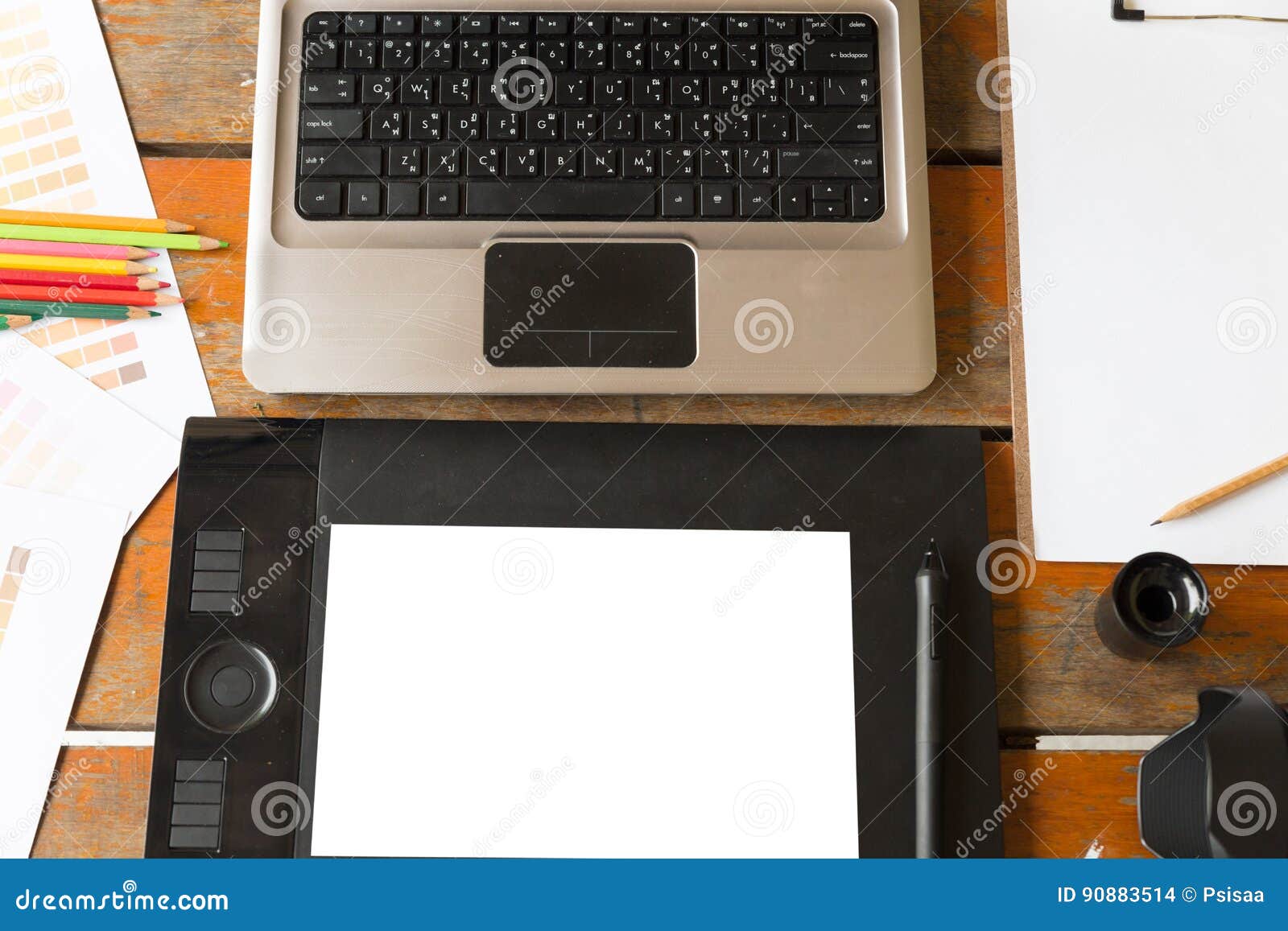 Desk of Graphic Designer at Work - Digital Tablet, Computer, Col Stock ...