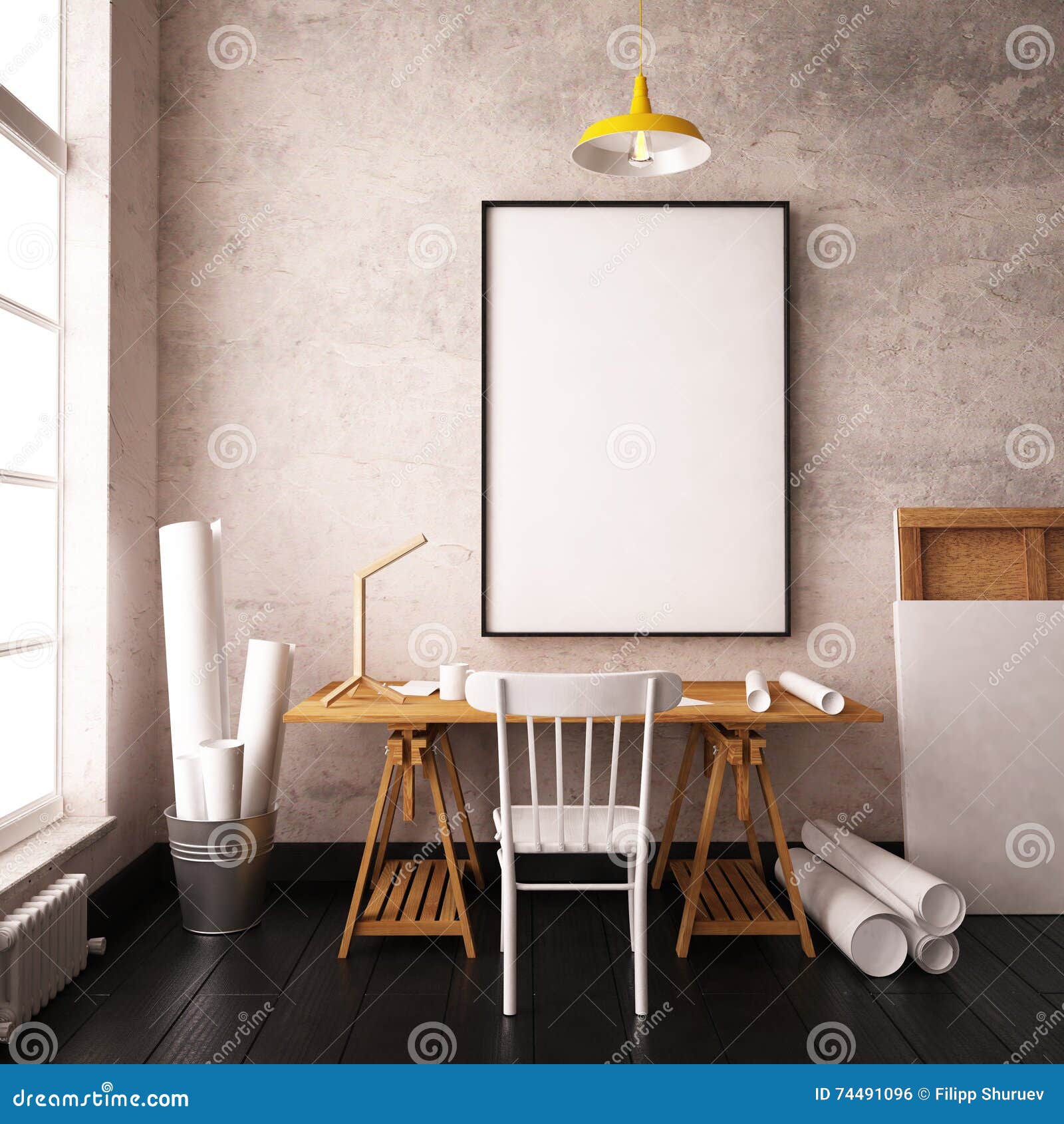 Desk in Hipster Style Loft. Mockup Interior with Posters. 3d Stock ...