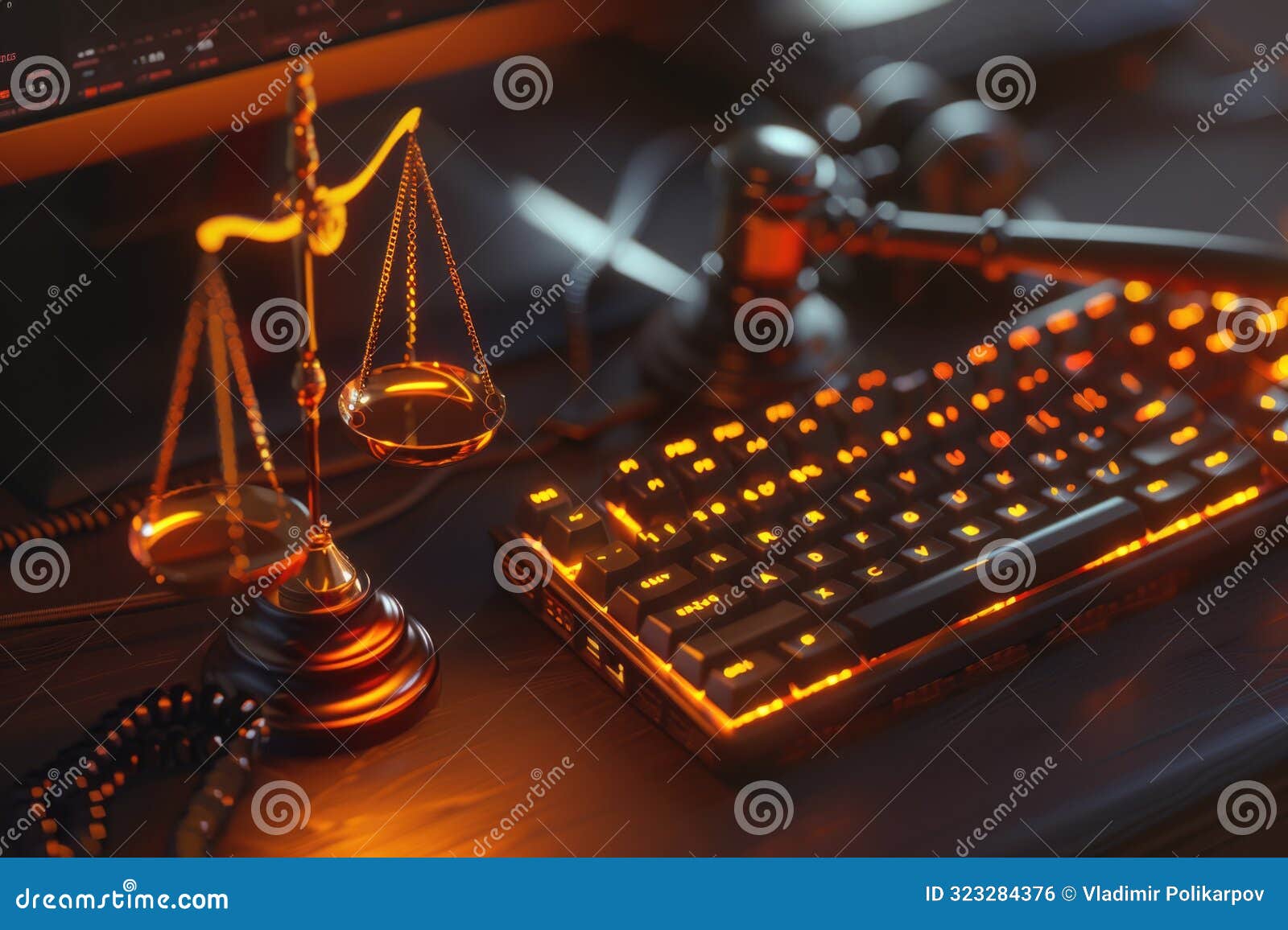 A Desk with a Keyboard and a Scale of Justice on it, Suitable for ...