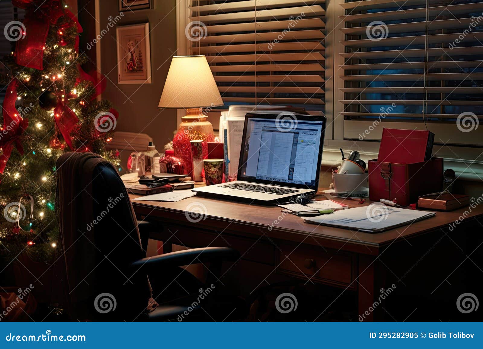 A Desk with a Laptop and a Christmas Tree Stock Image - Image of desk ...