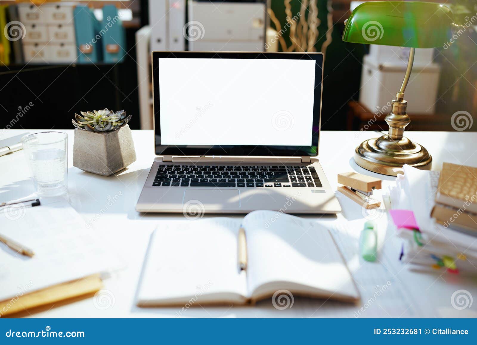 Desk with Laptop and Notebook in Modern Office Stock Image - Image of ...