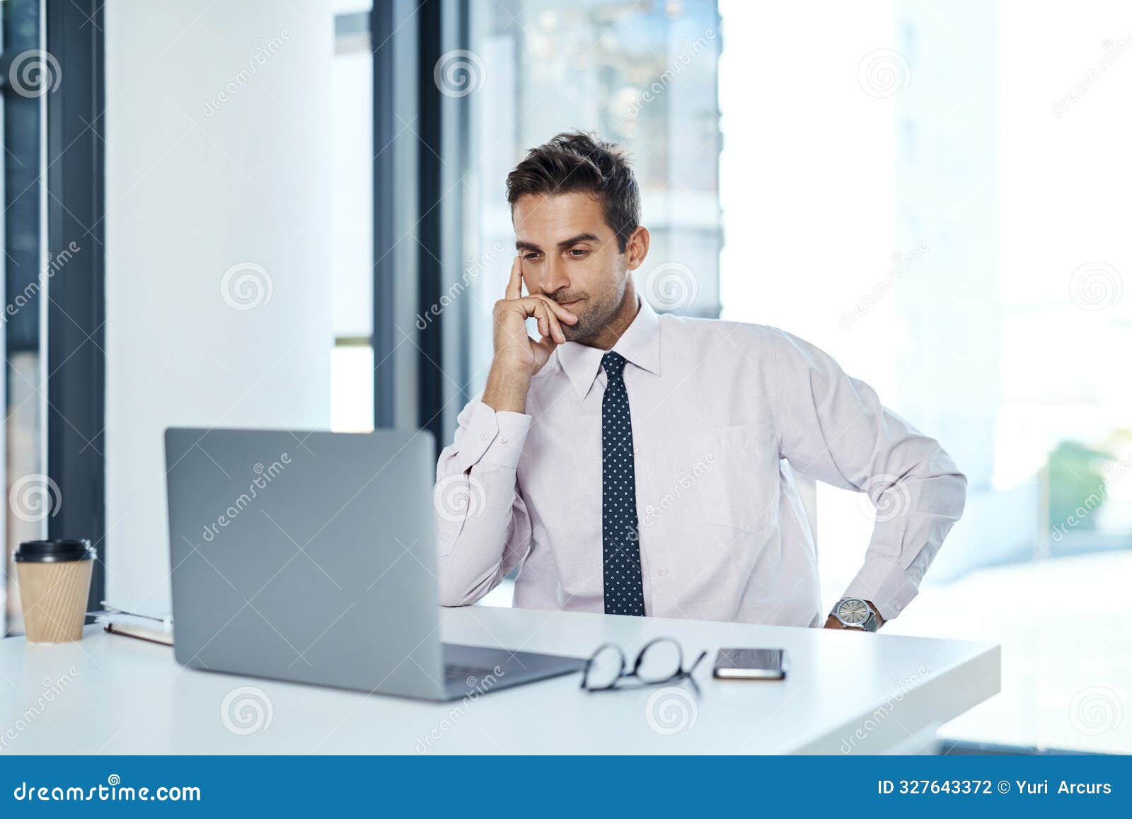 Desk, Laptop and Thinking with Business Man in Office for ...