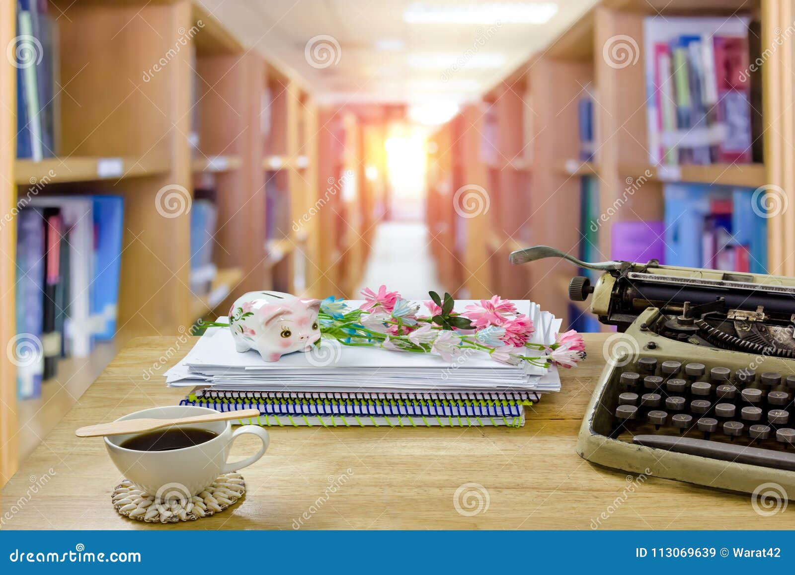The Desk in the Library Blurred Background Stock Image - Image of ...