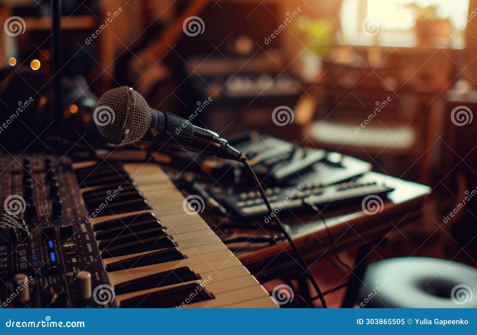 A Desk with a Microphone and Keyboard Stock Image - Image of sound ...