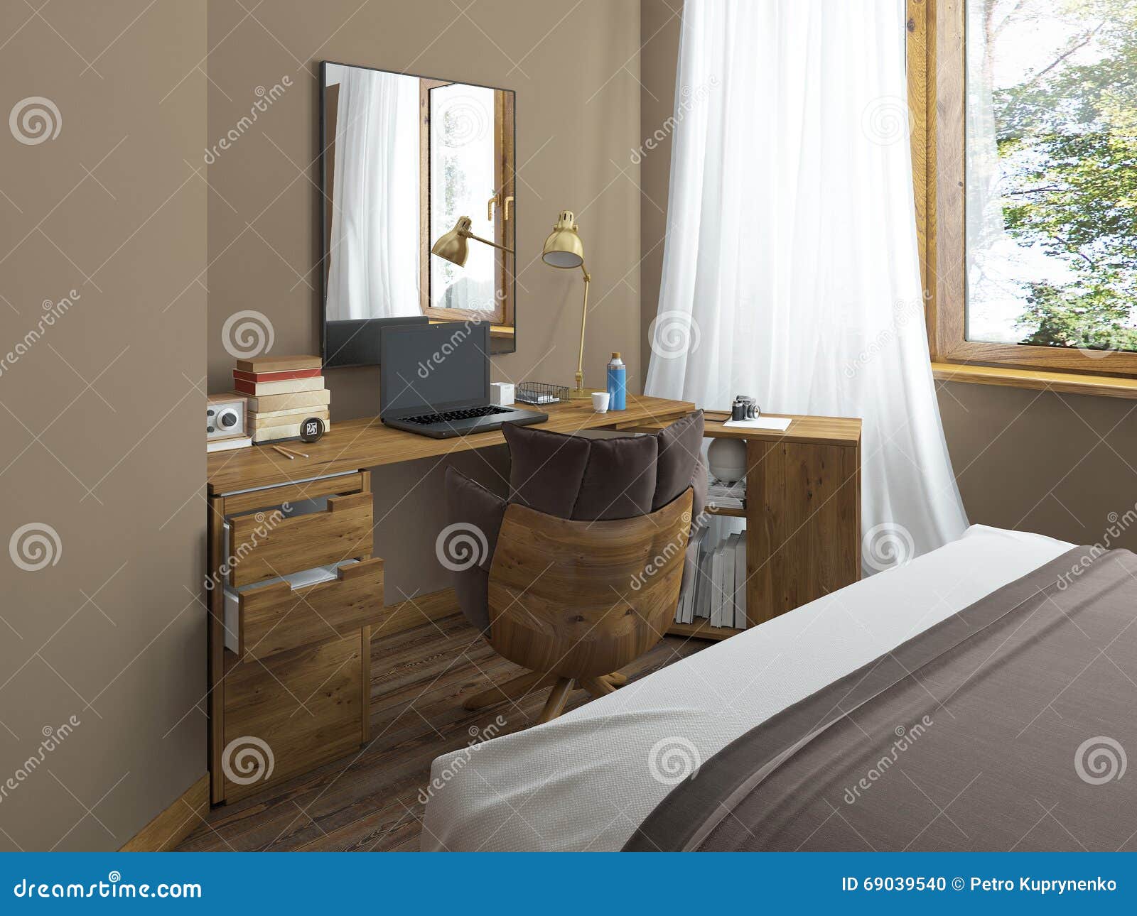 Desk in a modern bedroom. stock photo. Image of laptop - 69039540