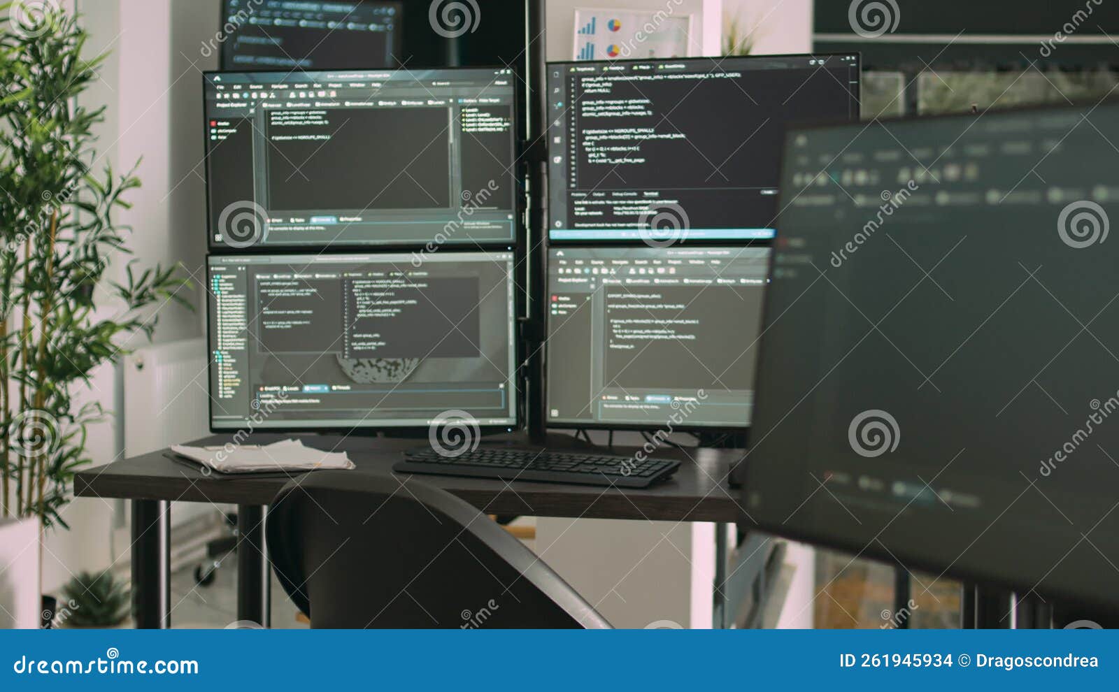 Desk with Multiple Monitors Displaying Terminal Window and Artificial ... Desk with Multiple Monitors Displaying Terminal Window and Artificial ...