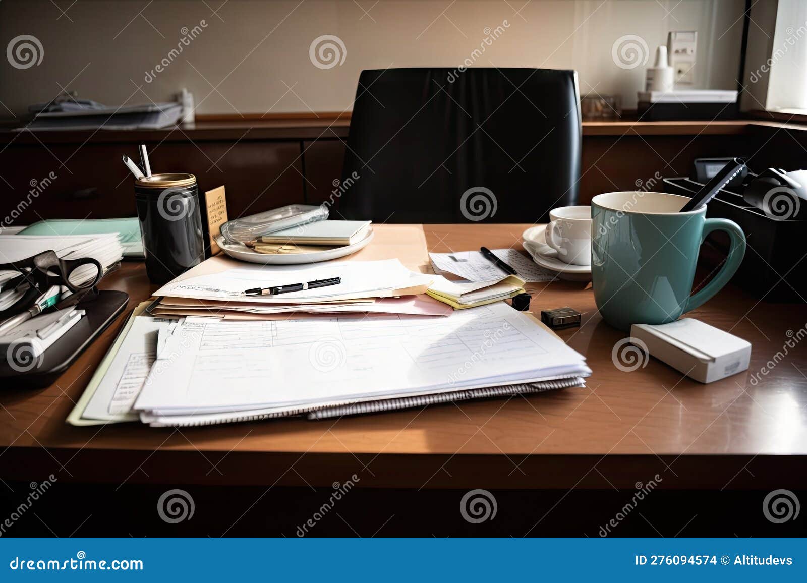 A Desk with Neatly Organized Paperwork, a Pen, and a Cup of Coffee ...