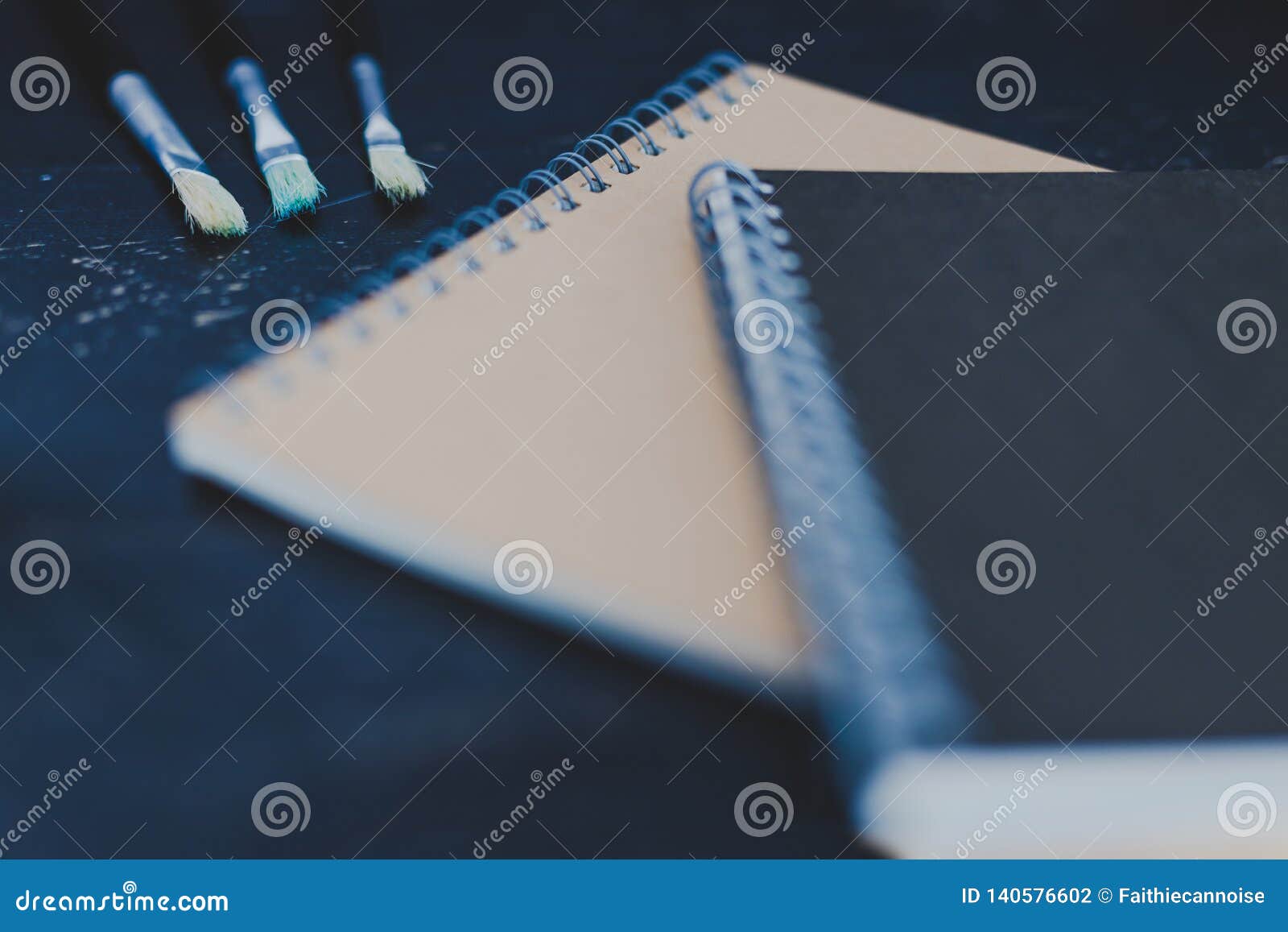 Desk with Notepads and Watercolour Brushes Stock Photo - Image of color ...