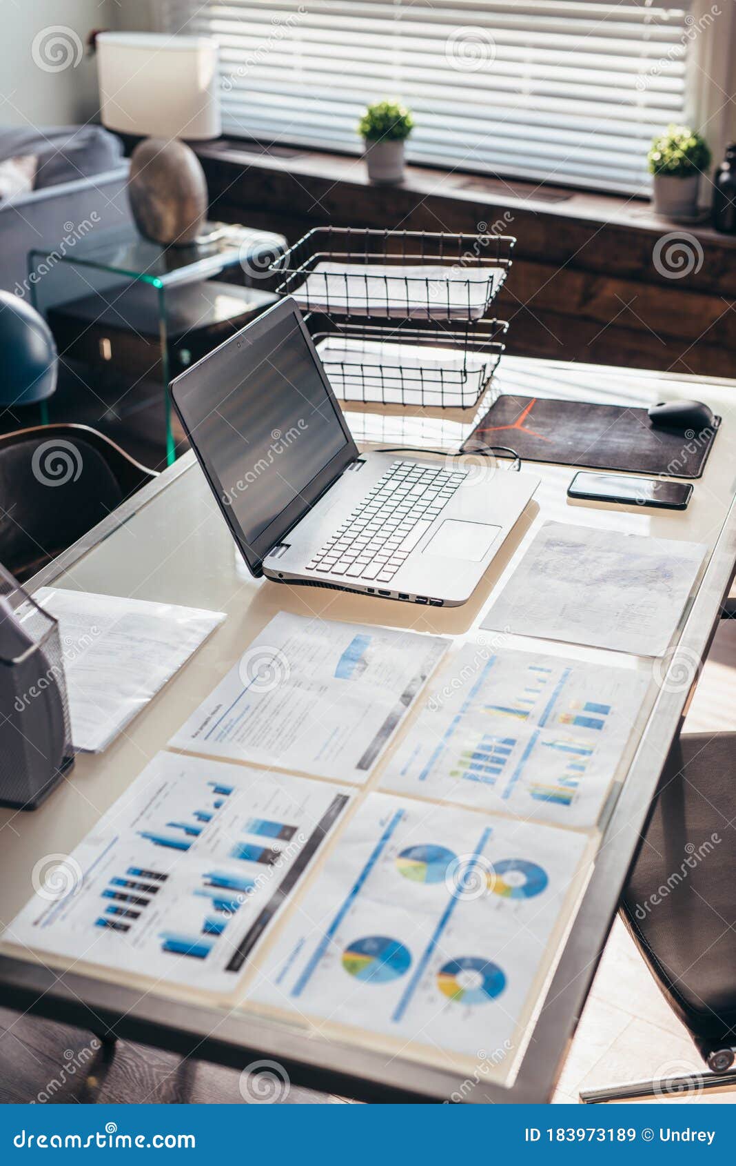 Desk in Office with Documents and Laptop Stock Image - Image of desk ...