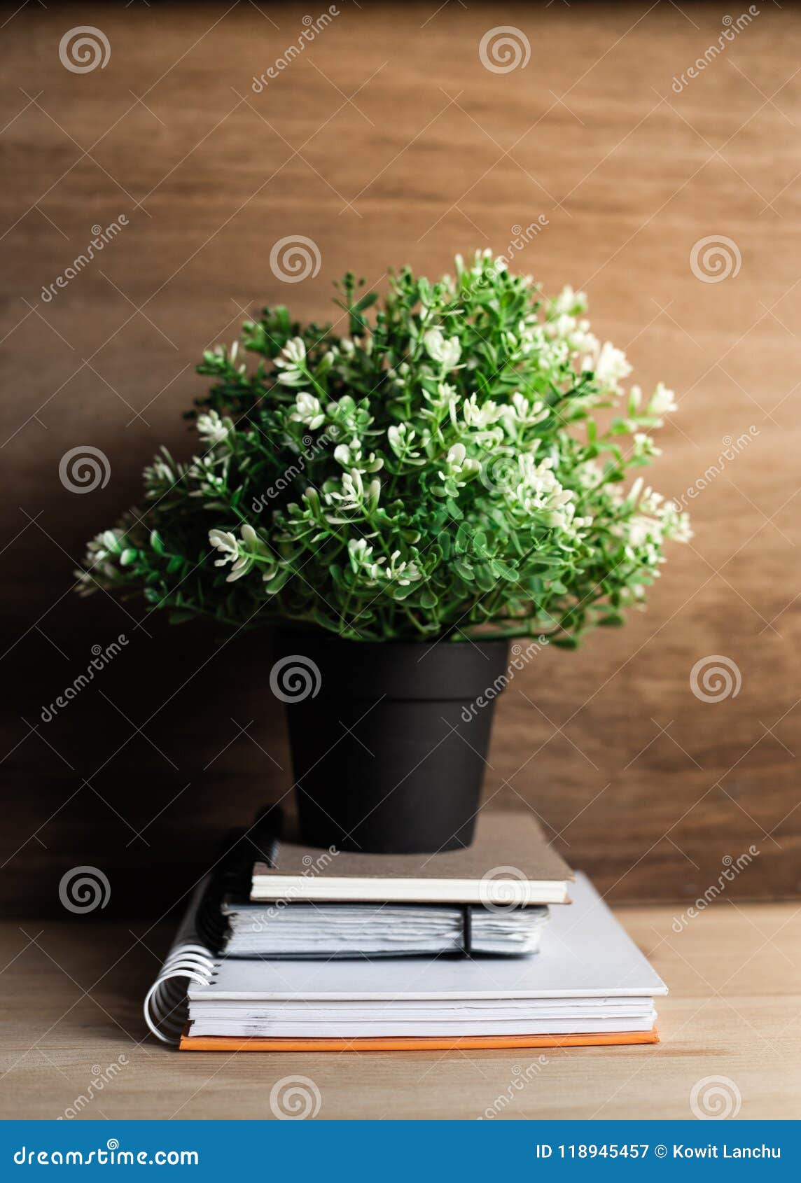 A Desk Office with Notebook Paper and Tree in Pot on Space Table Stock ...