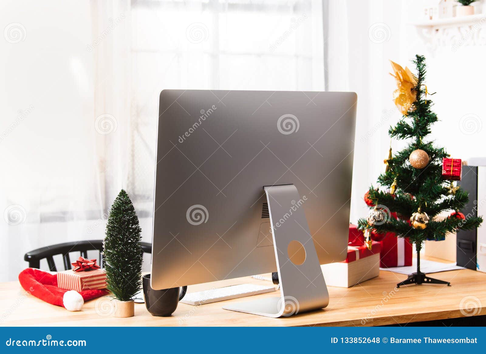 Desk Office or Workplace with Modern Computer and Christmas Gift Stock ...