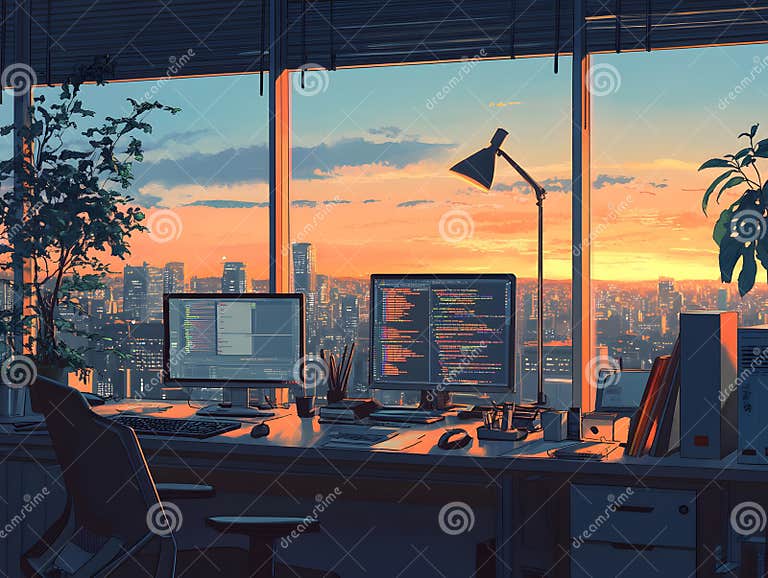 A Desk Overlooking a Cityscape at Sunset with Two Computers Showing ...