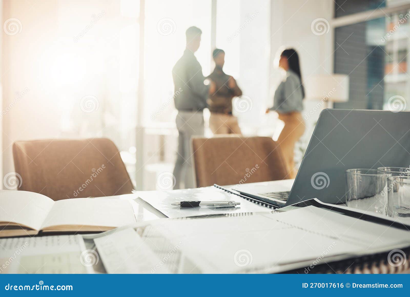 Desk, Paperwork and Notebook with Laptop in Office, Professional ...