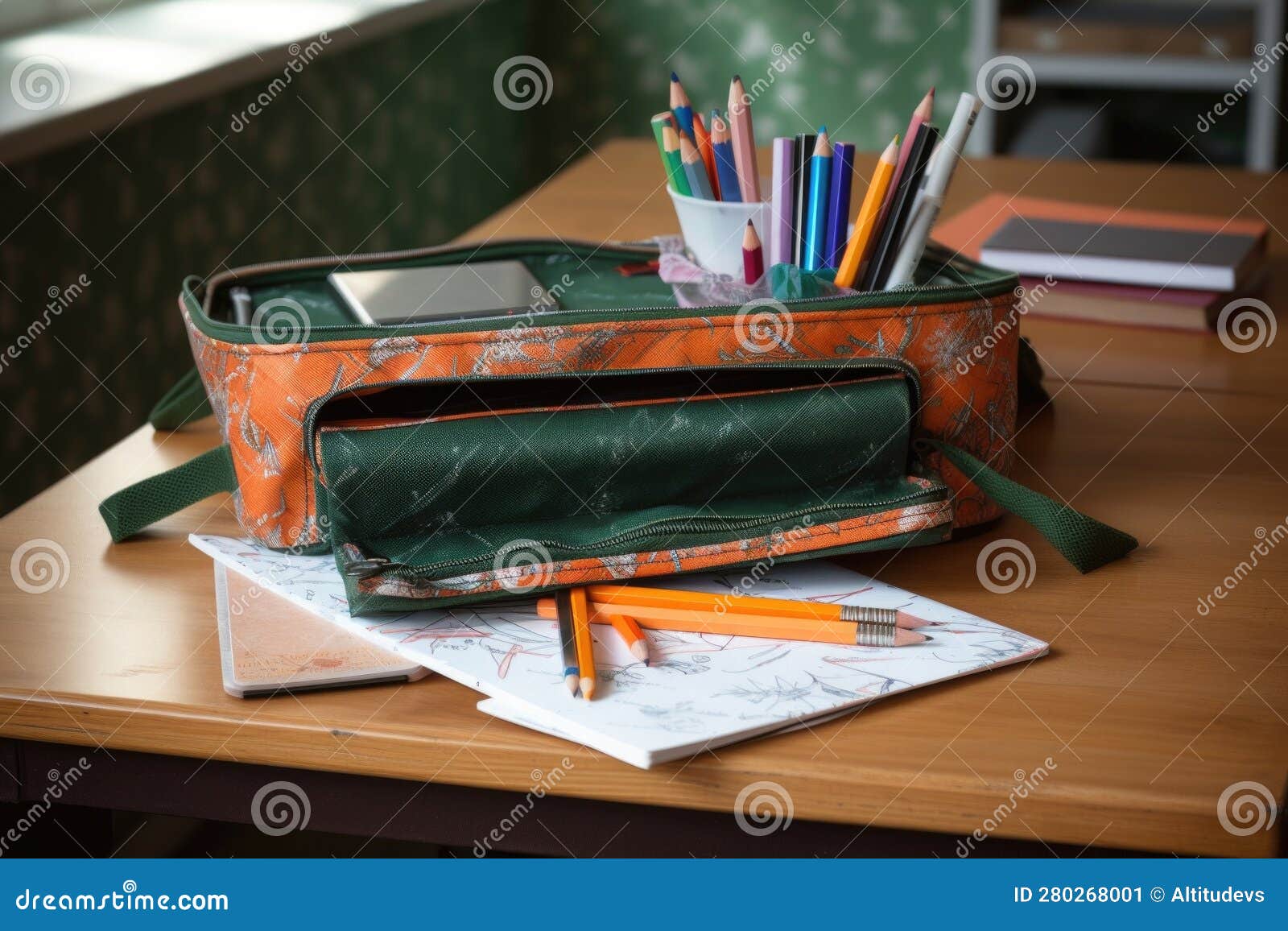 A Desk, with a Pencil Case and Notebook, Ready for School Stock ...