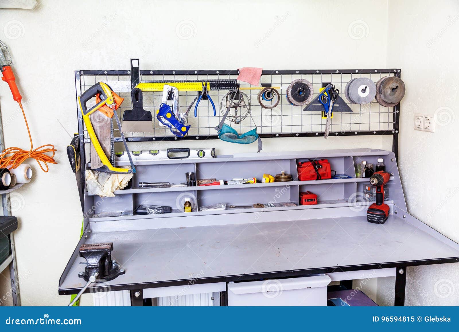 Desk with Set of Tools in Workshop Stock Image - Image of construction ...