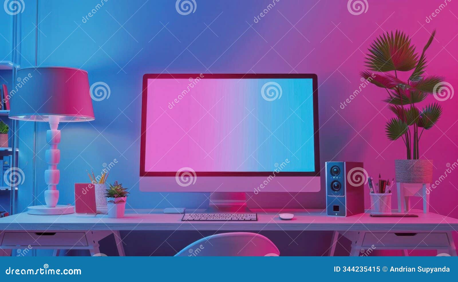 Desk Setup with Neon Lights, Computer, and Plant Stock Illustration ...