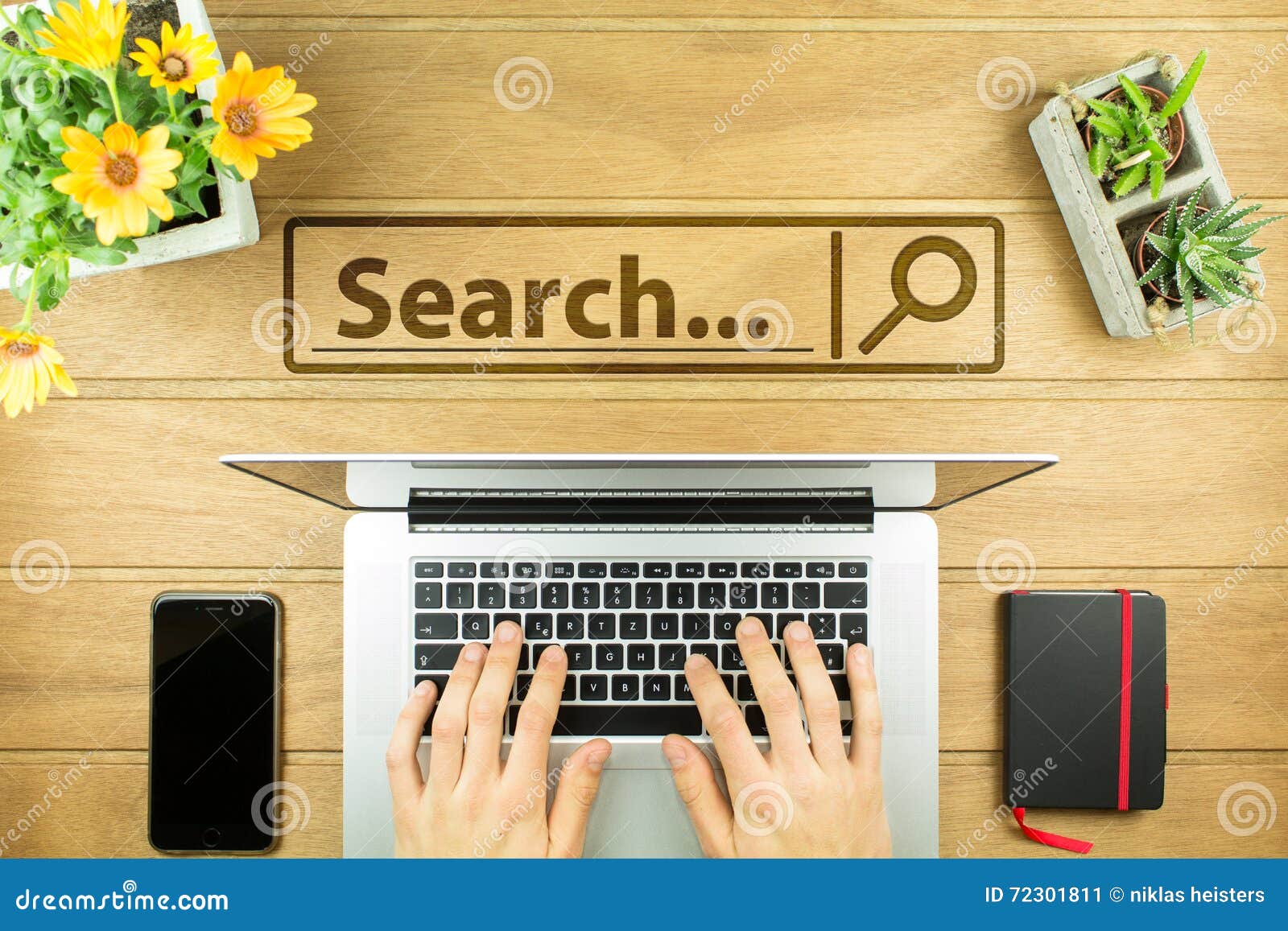 Desk Shot Flatlay from Above with Someone Writing and a Searchbar Stock ...