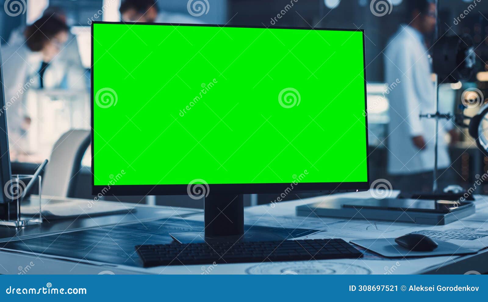 On the Desk Standing Green Mock-up Screen Computer. in the Background ...