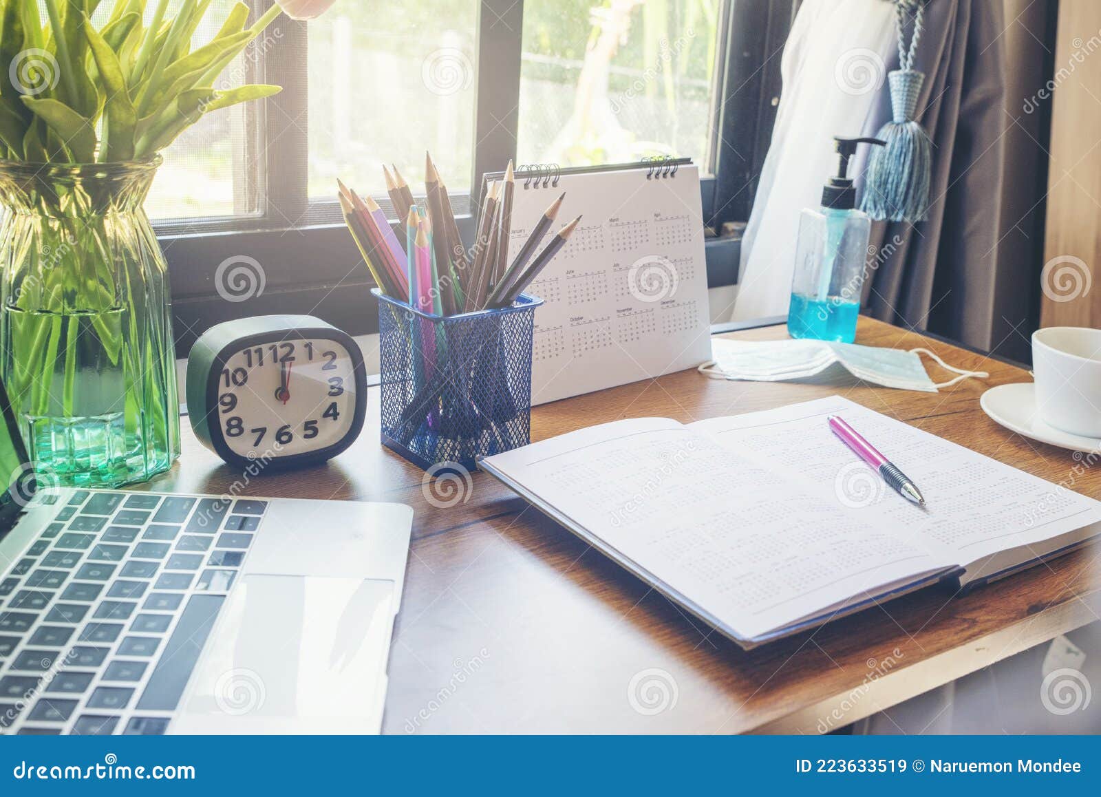 Desk for Student Concept. Laptop Computer for Study for Exam, Book ...