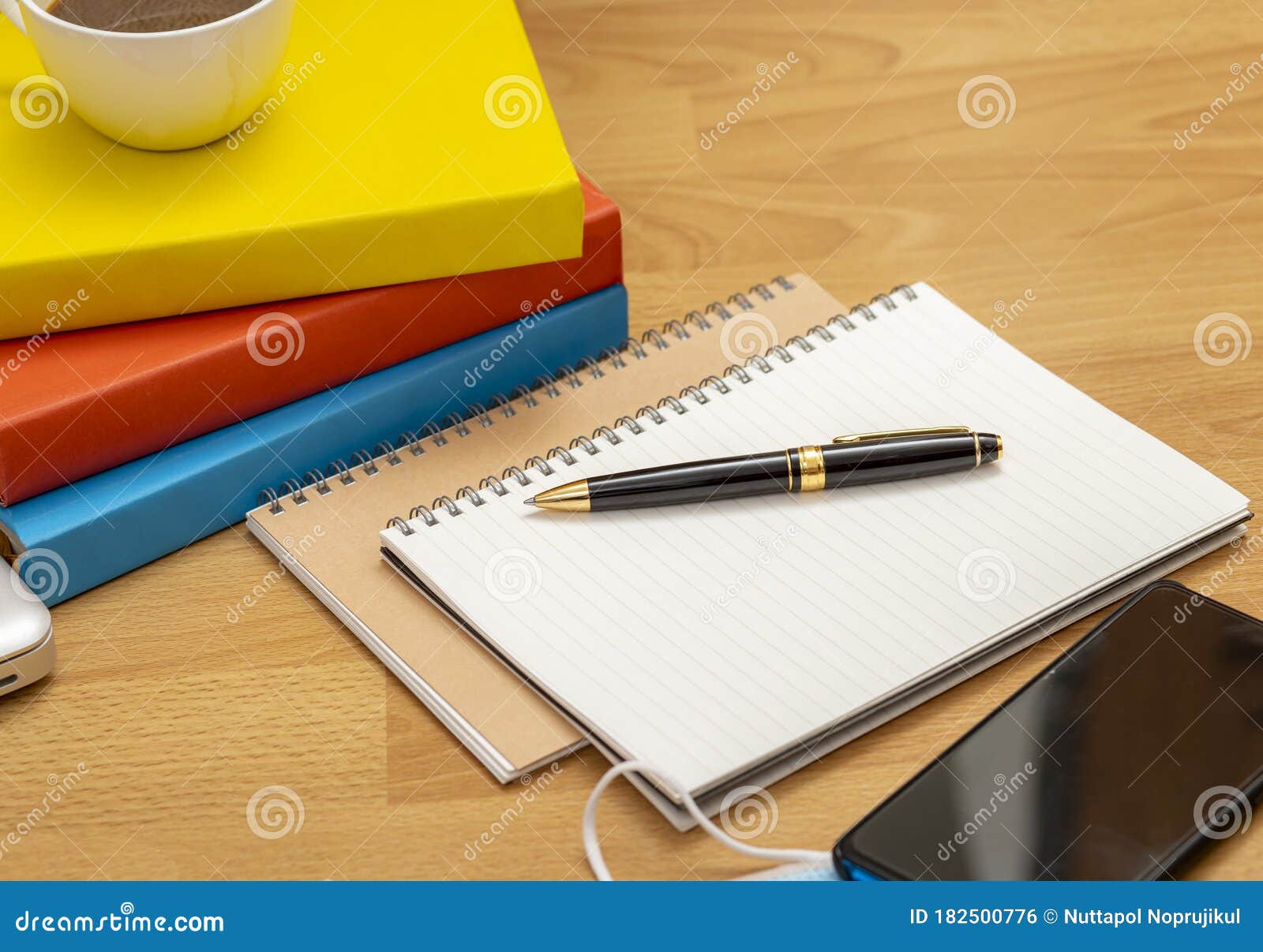 Desk for Student Work at Home Concept.Laptop Diary and Book on School ...