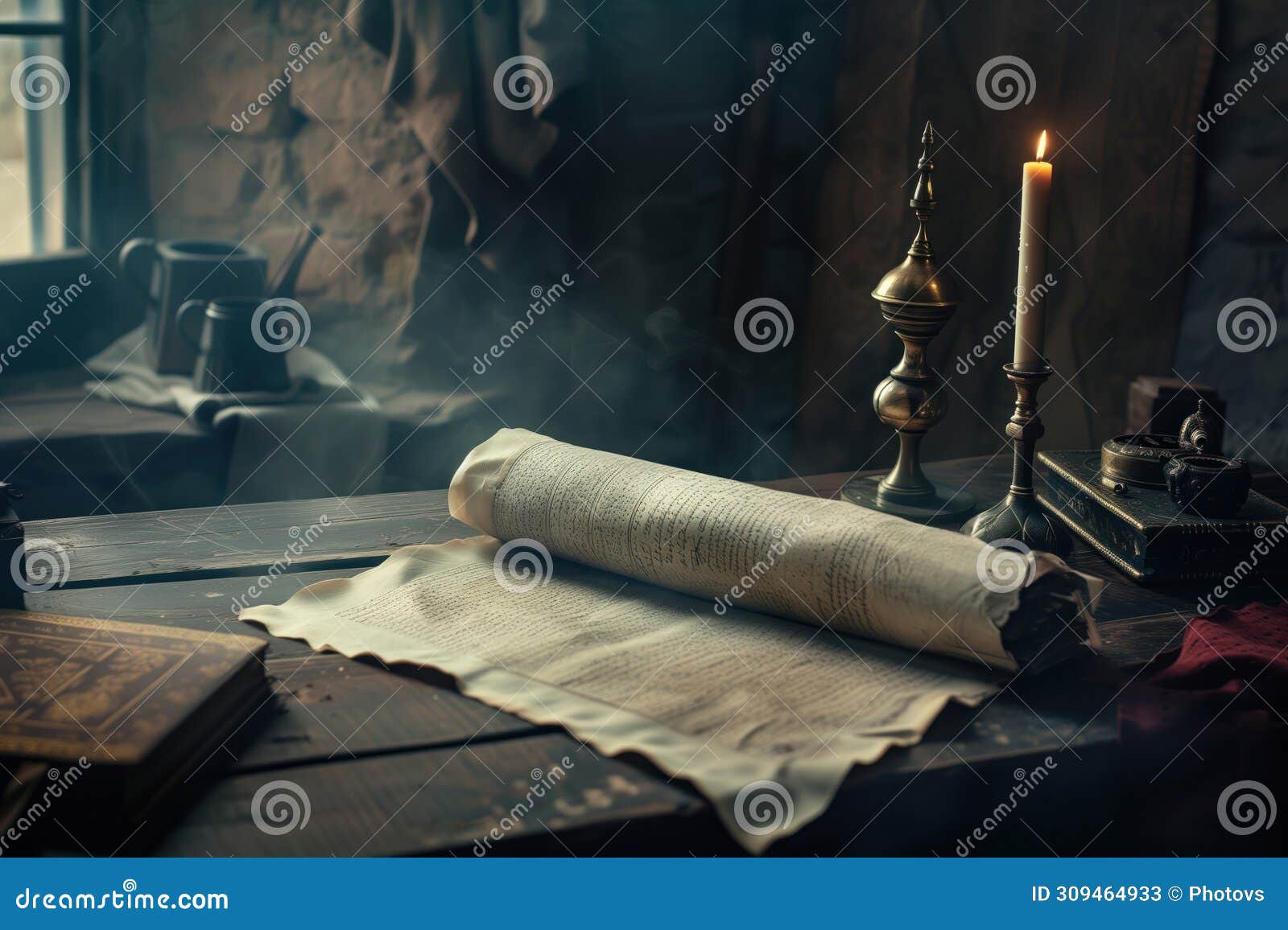 Desk Table Showcasing Ancient Papyrus a Old Torah Scroll Stock Image ...