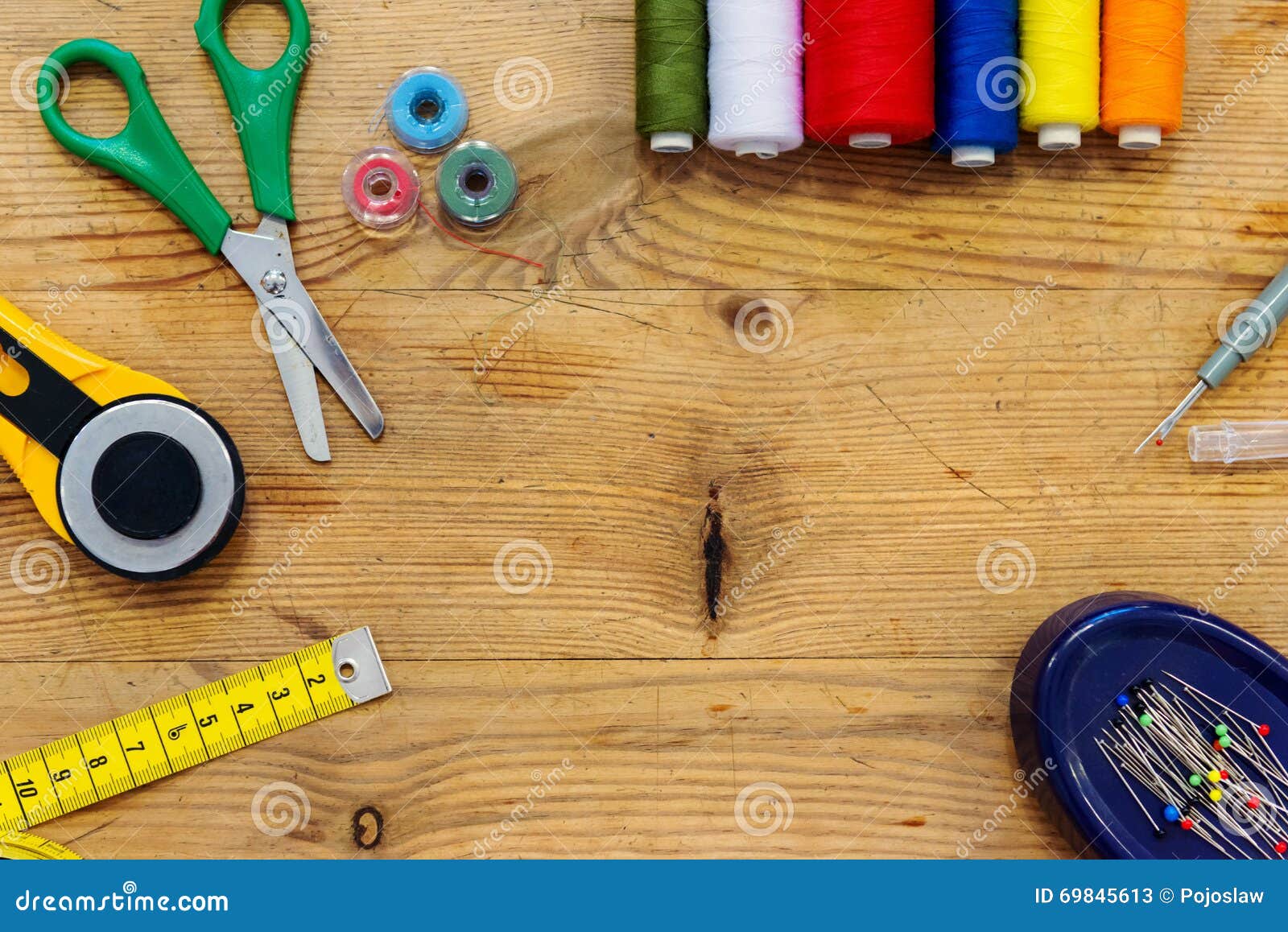 Desk of a Tailor with Various Objects, Flat Lay Stock Image - Image of ...