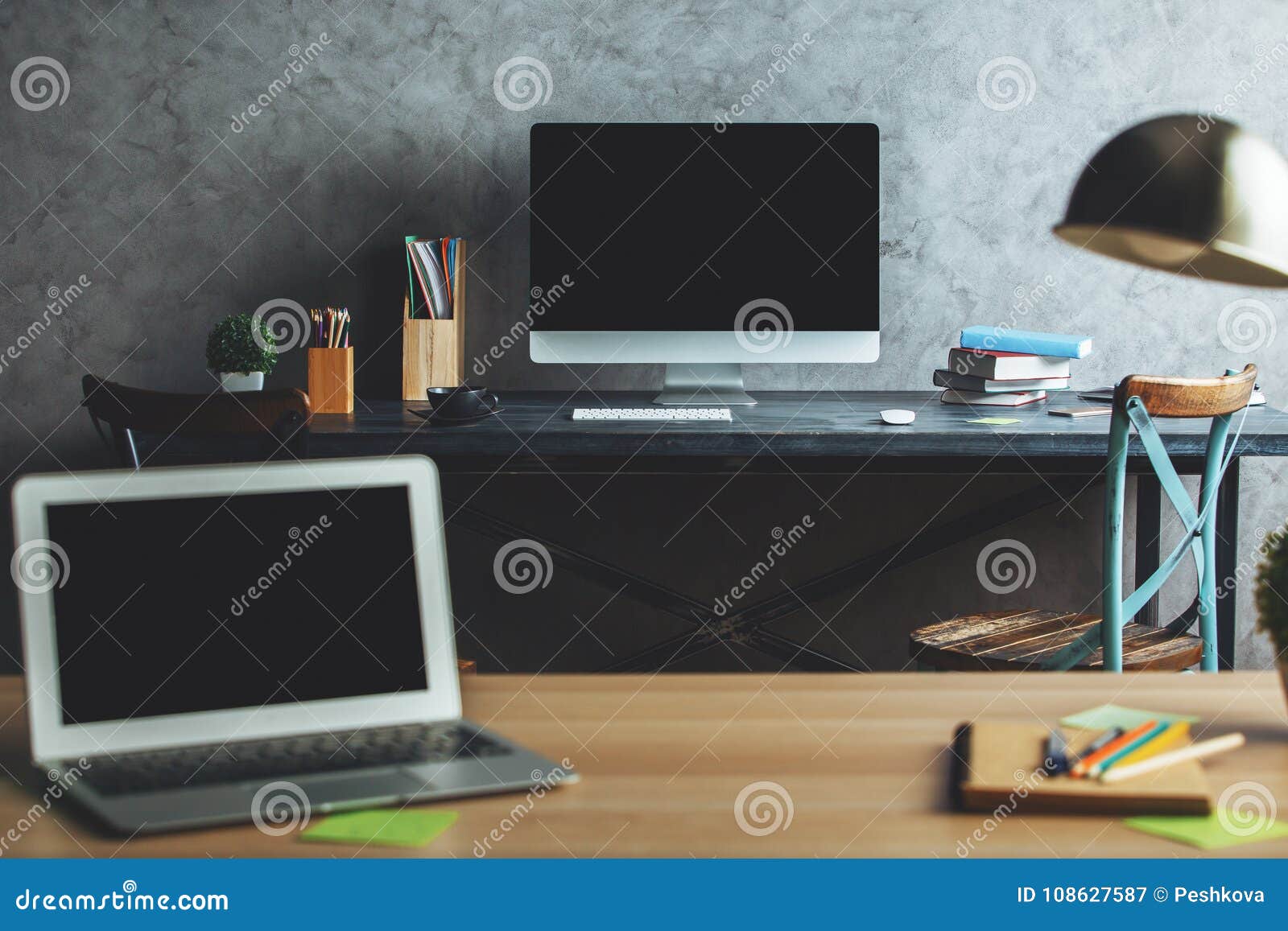 Desk Top with Empty Computer Screen Stock Image - Image of chair ...