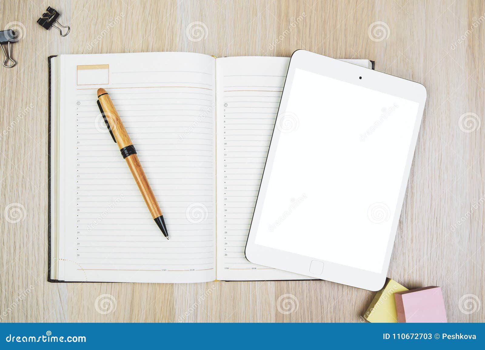 Desk Top with Empty Notepad Stock Image - Image of copy, book: 110672703