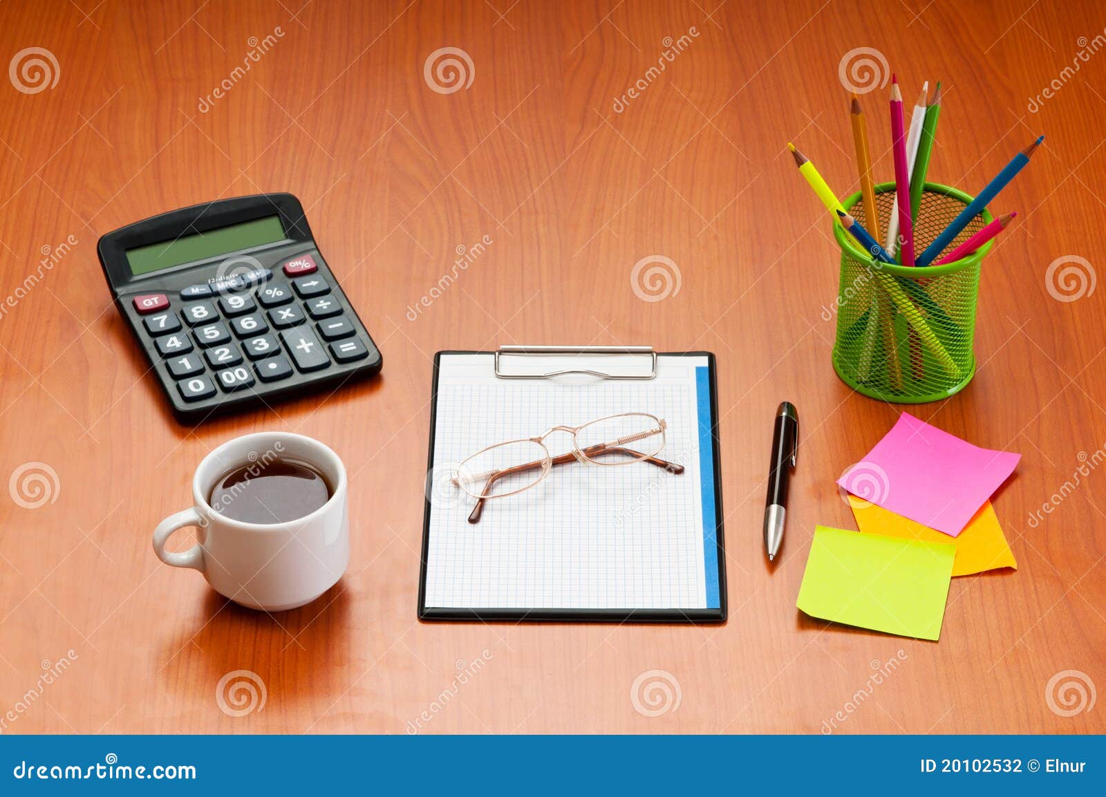 Desk top with items stock photo. Image of notepad, board - 20102532