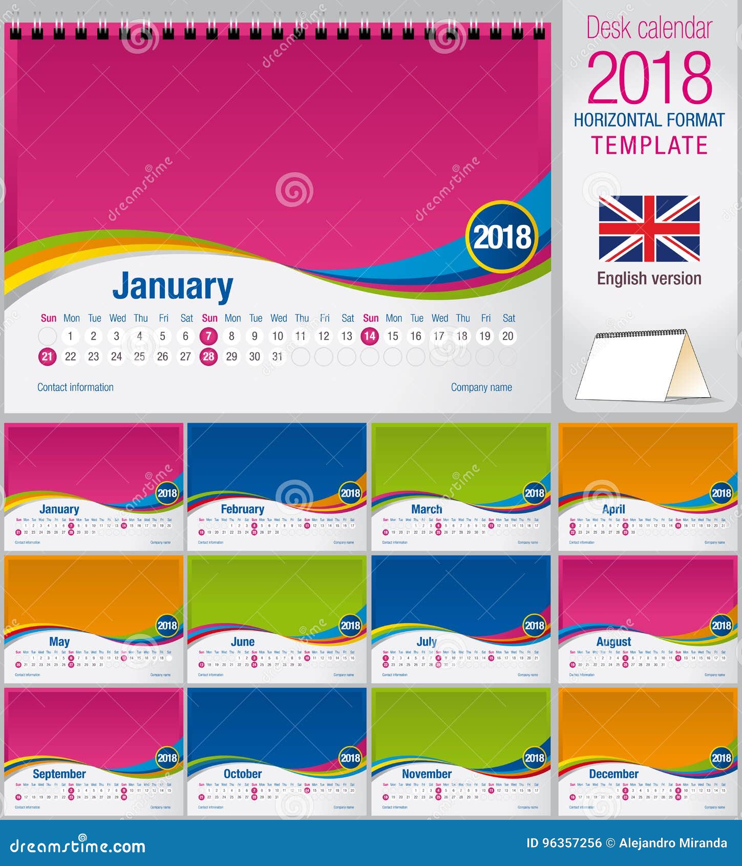 Desk Triangle Calendar 2018 Colorful Template. Size: 210mm X 150mm ...