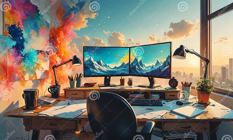 Desk with Two Monitors and Computer Stock Illustration - Illustration ...