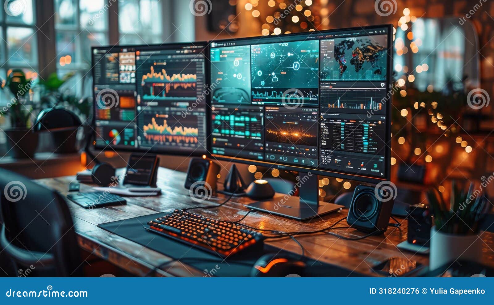Desk with Two Monitors and Keyboard Stock Photo - Image of professional ...