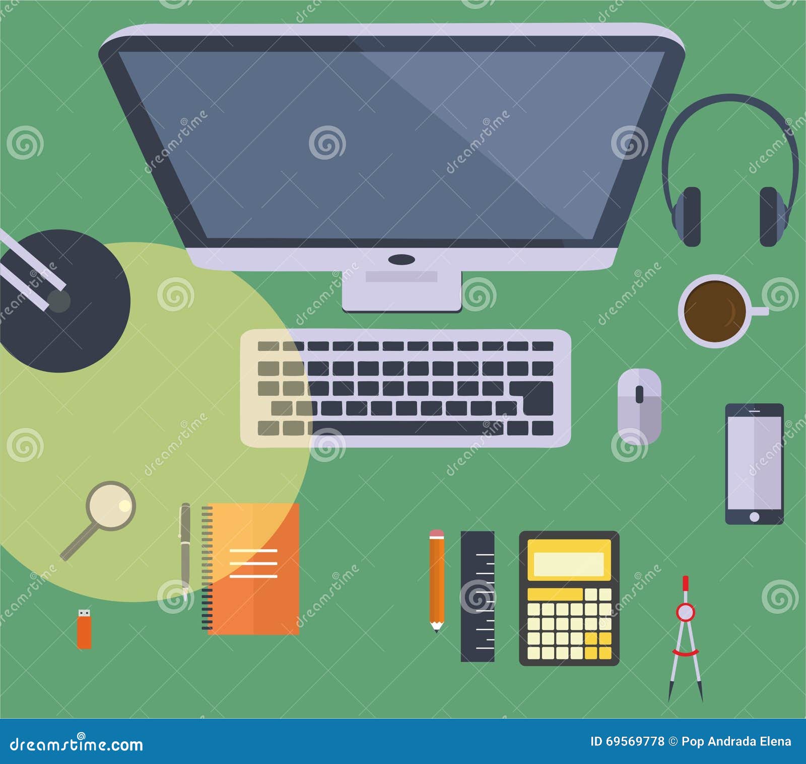 Desk view flat design stock vector. Illustration of connection - 69569778