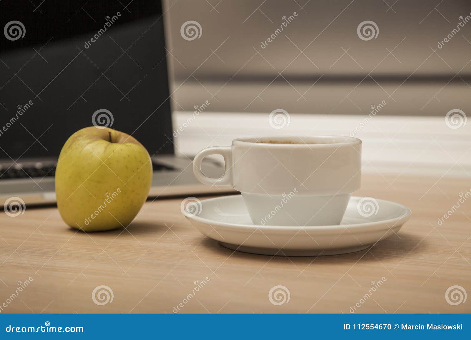 Desk View in the Office, Computer and Coffee, Front View Stock Photo ...