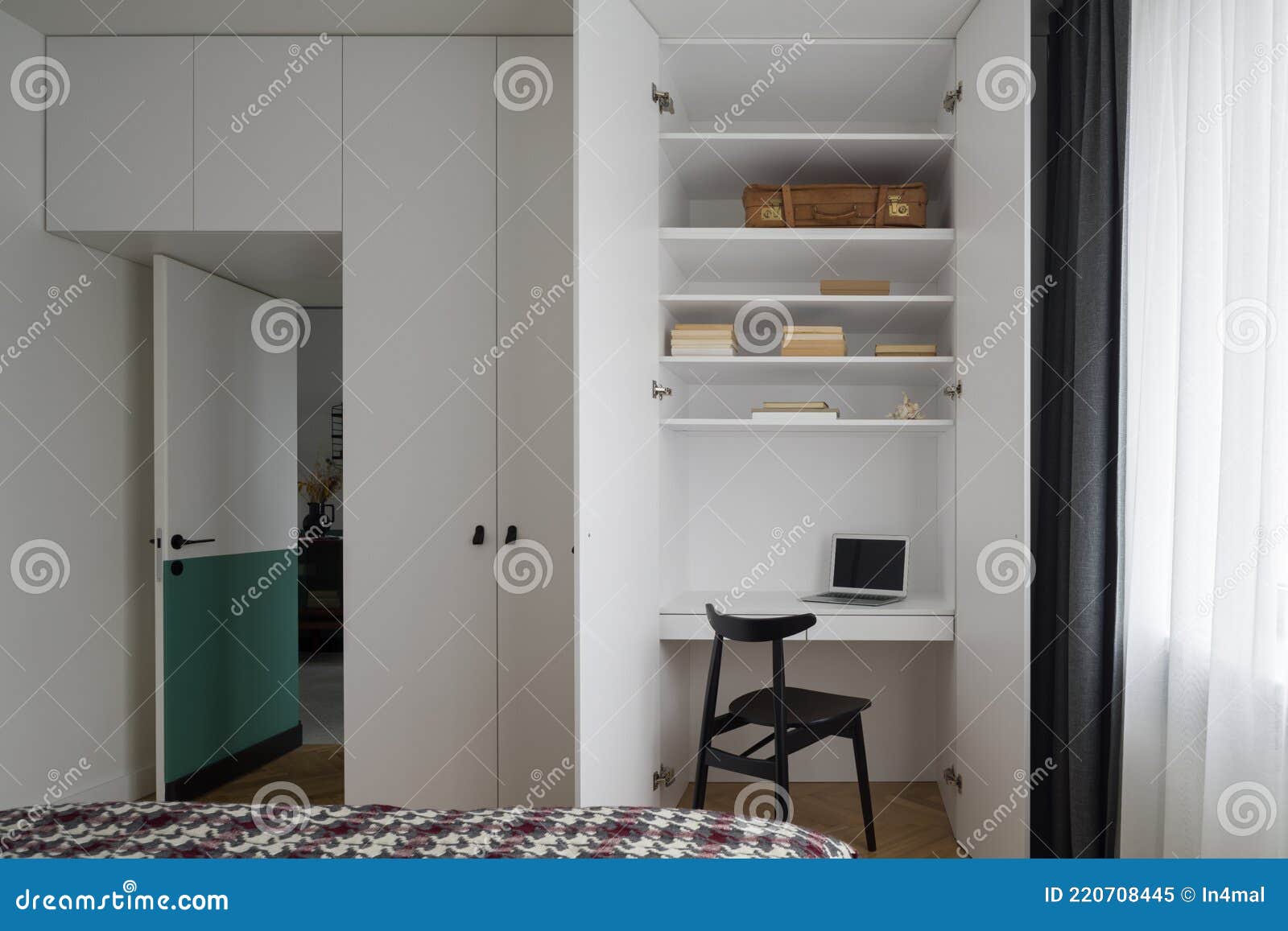 Desk in White Wardrobe in Bedroom Stock Image - Image of house ...