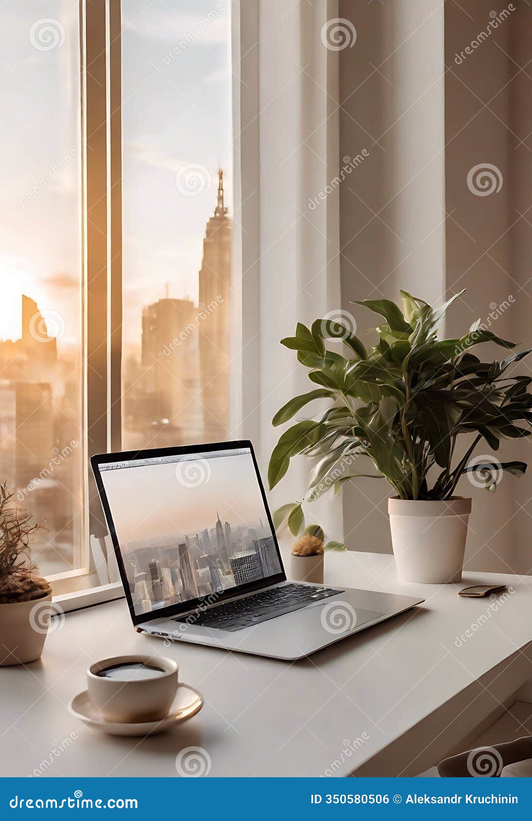 A Desk by the Window with a View of the City. There is an Open Laptop ...