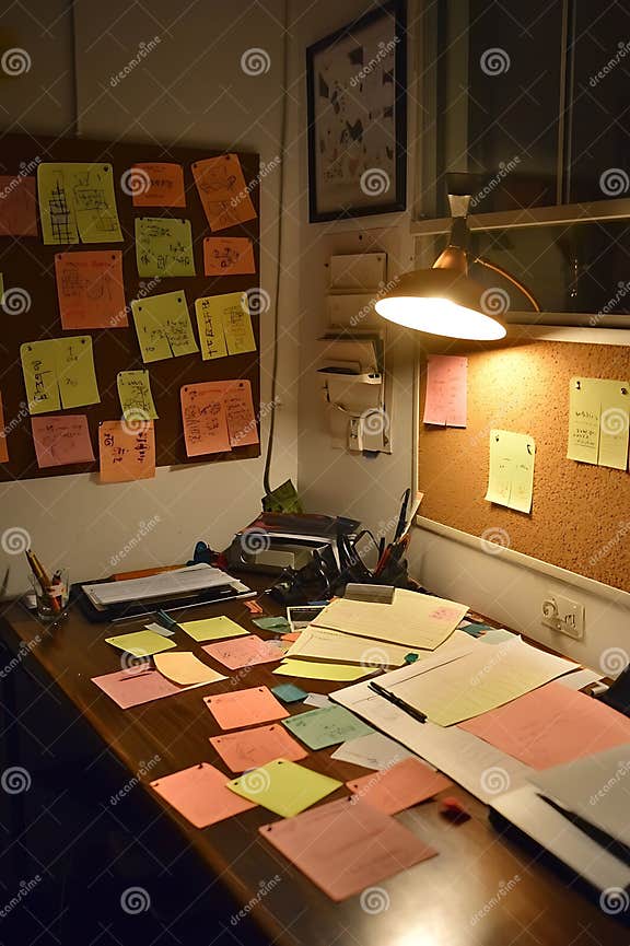 A Desk with a Yellow Board with Many Notes on it Stock Illustration ...