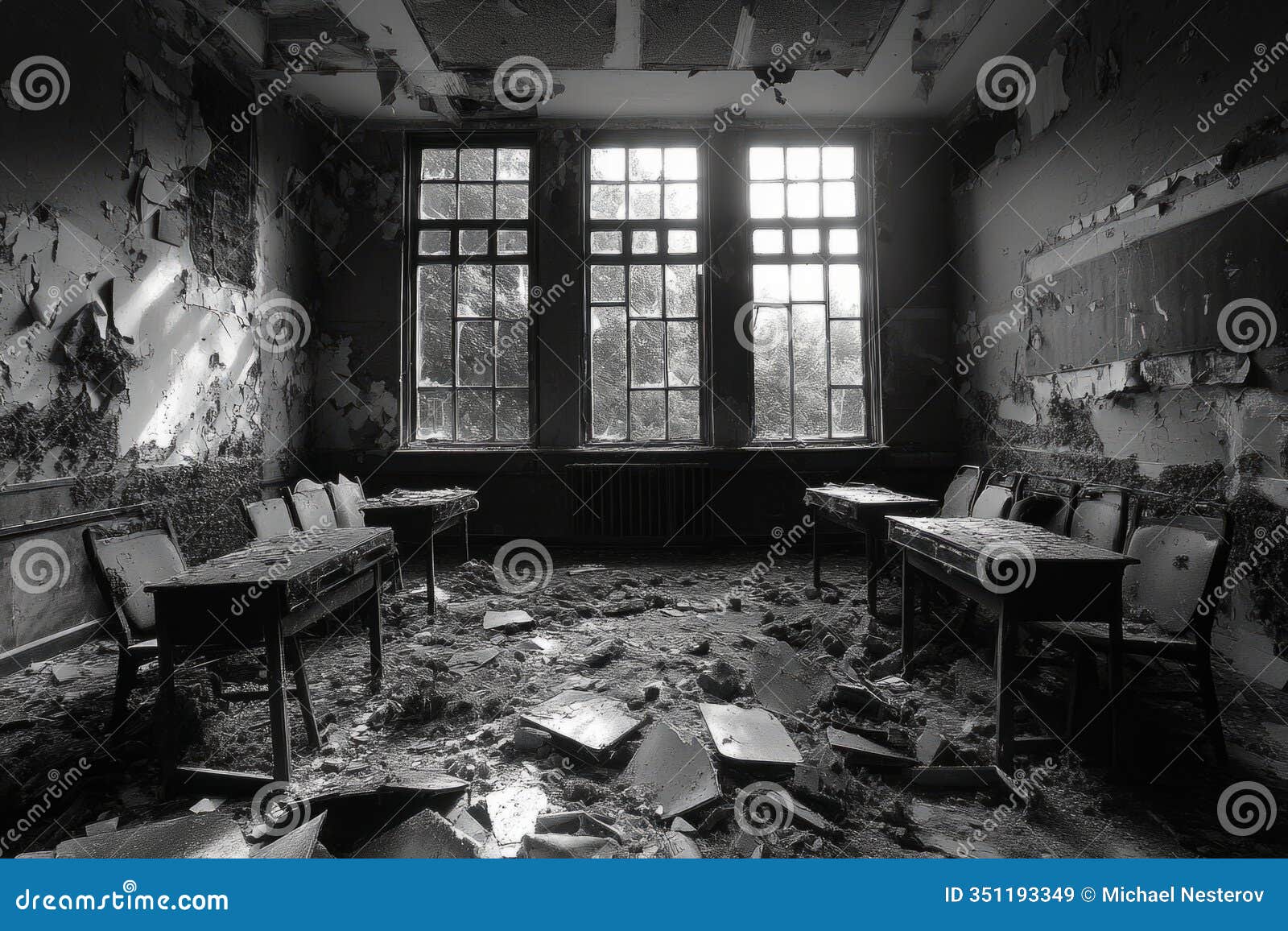 Desks and Chairs Sit Decaying in an Abandoned Classroom with Broken ...