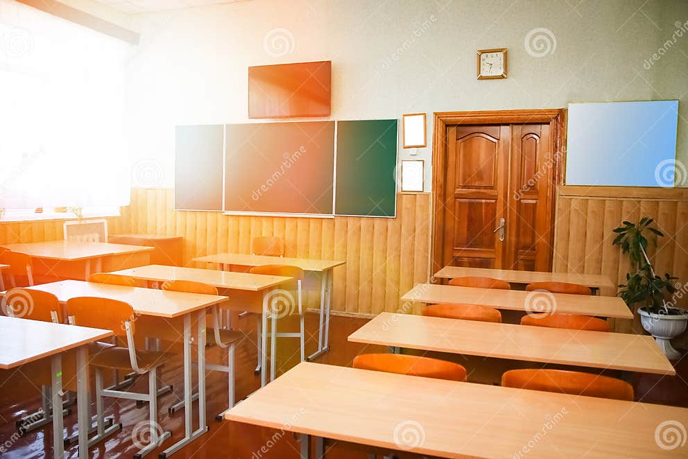 A Desks Desks in the Classroom on the Background of the School ...