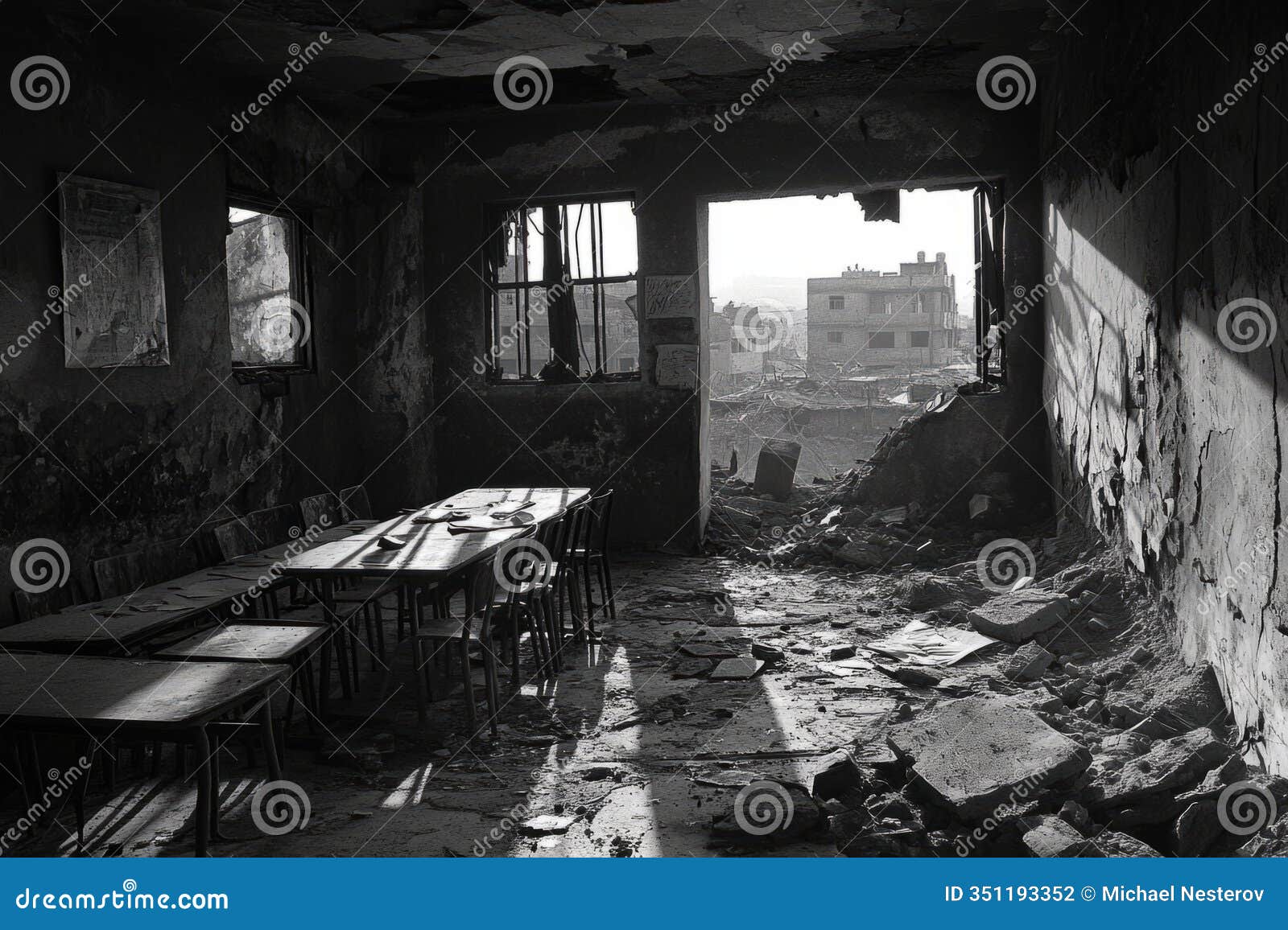 Desks Inside a Destroyed Classroom in a Bombed-out Building ...