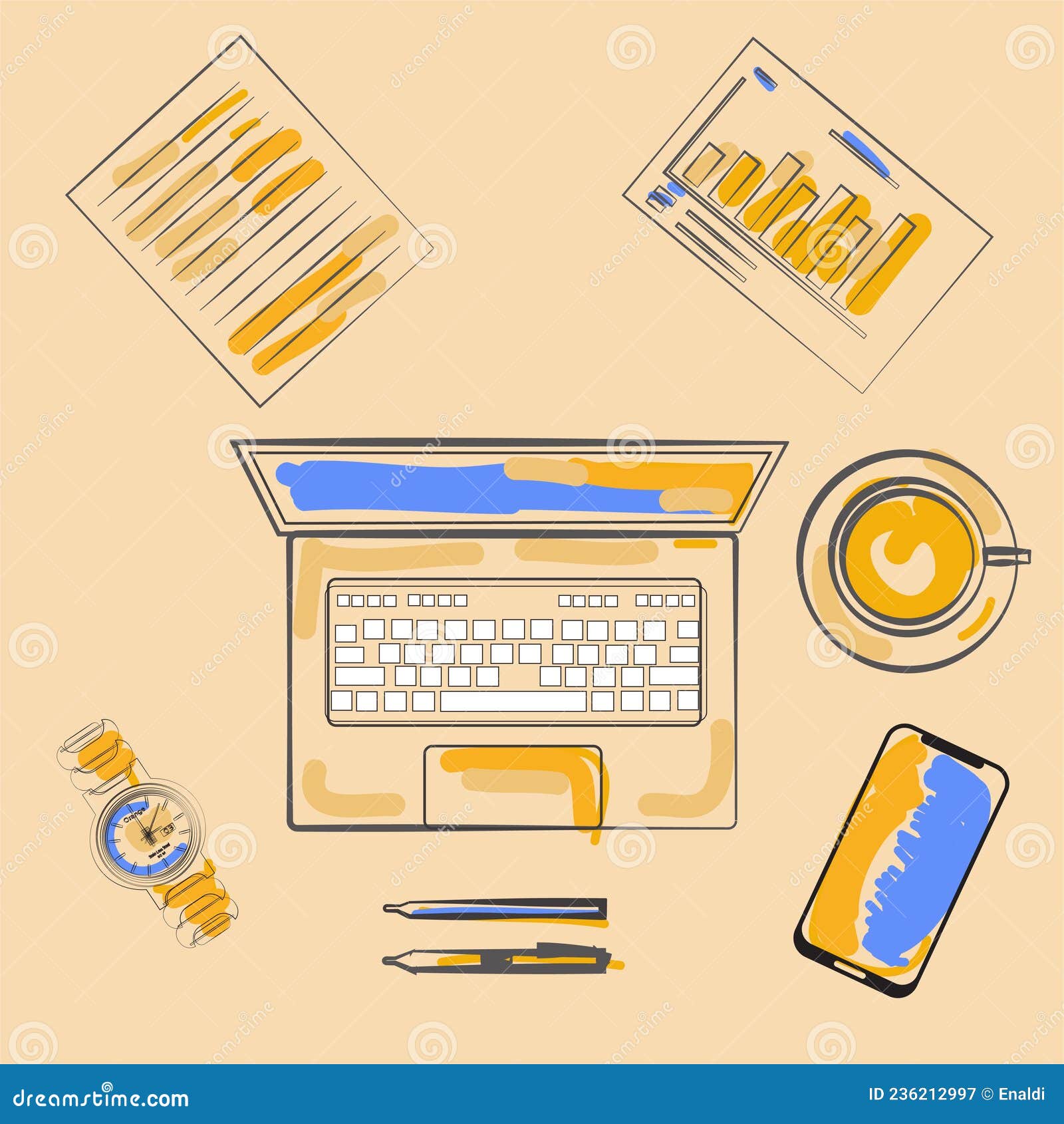 2D Top View Desktop Vector Illustration Stock Vector - Illustration of ...