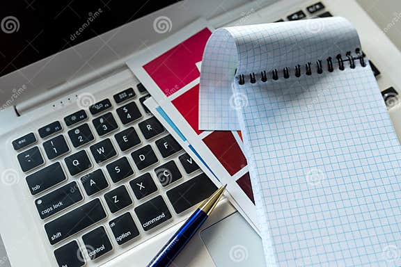 Desktop with Aptop and Notepad for Notes Color Catalog, Creative ...