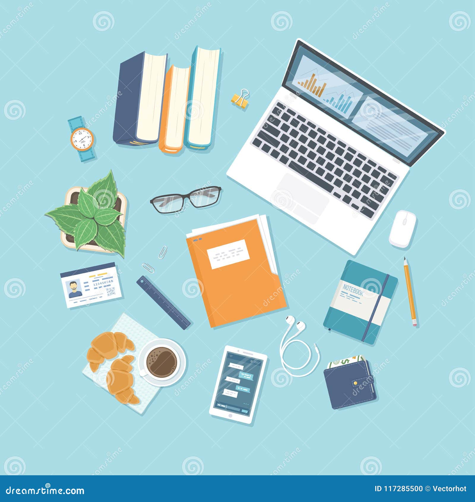 Desktop Background. Top View of Table with Supplies Laptop, Books ...