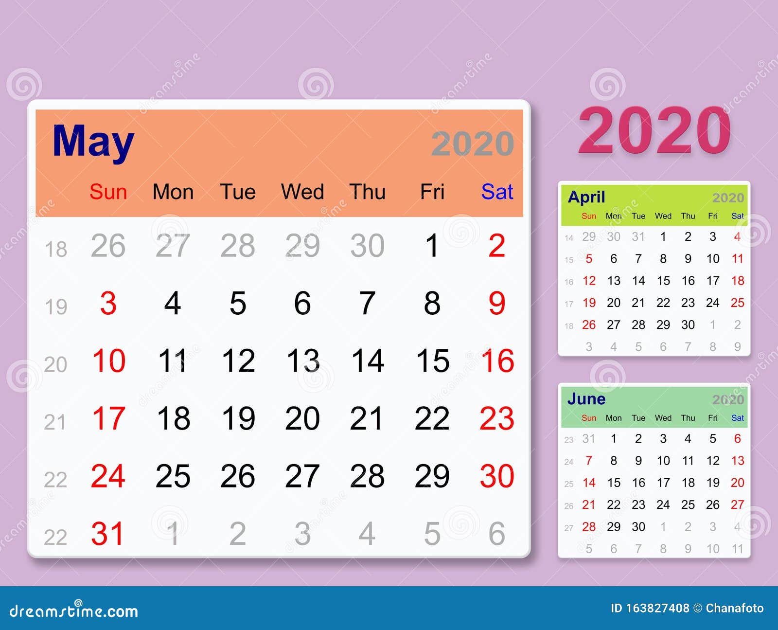 Desktop Calendar Template 2020 - May- Isolated on Color Background ...