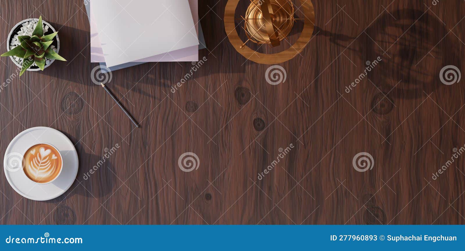 A Desktop with Coffee, Books, Pens, and Decorations on Top. 3d ...