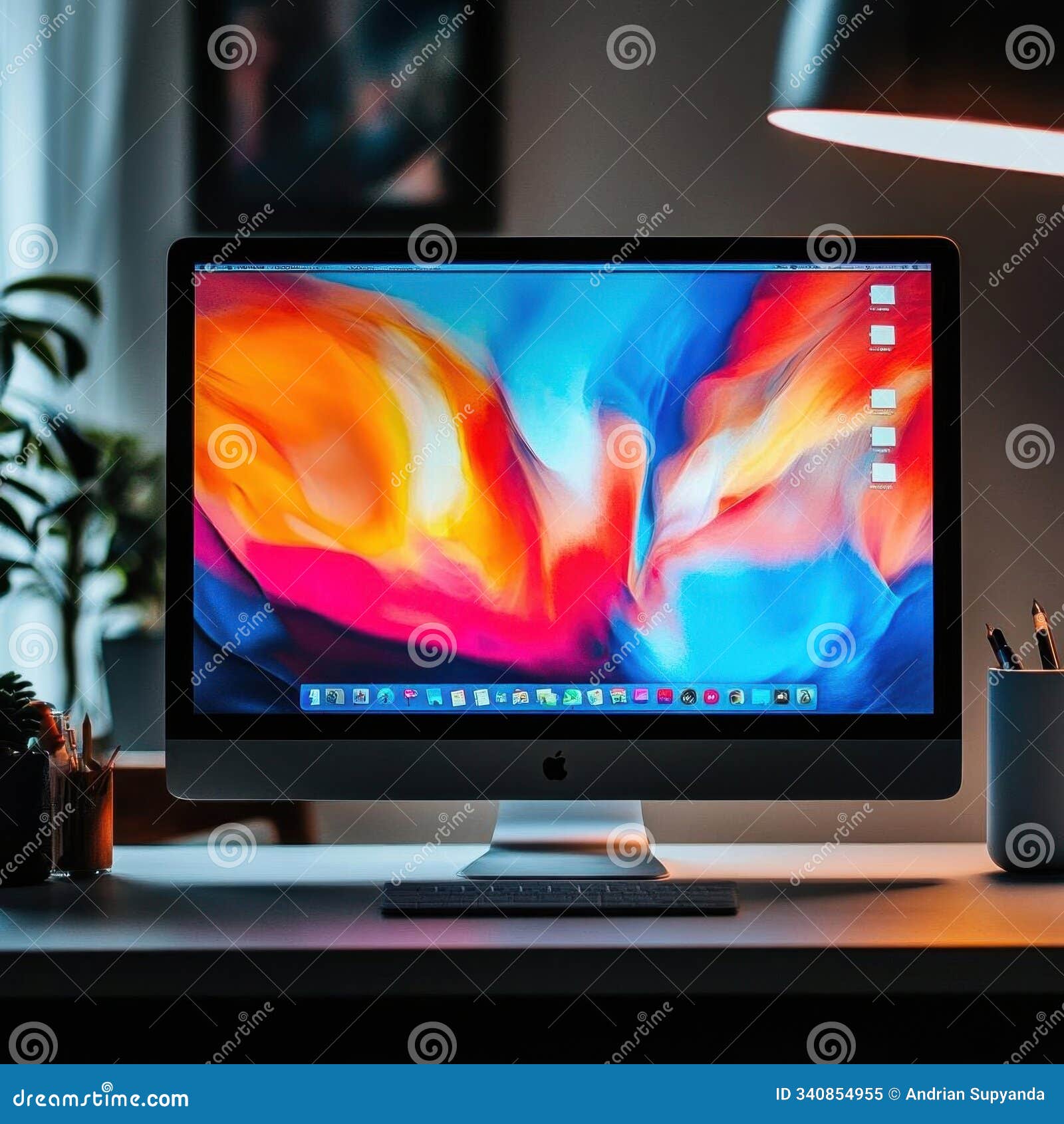 Desktop Computer with Abstract Wallpaper and Keyboard Stock ...