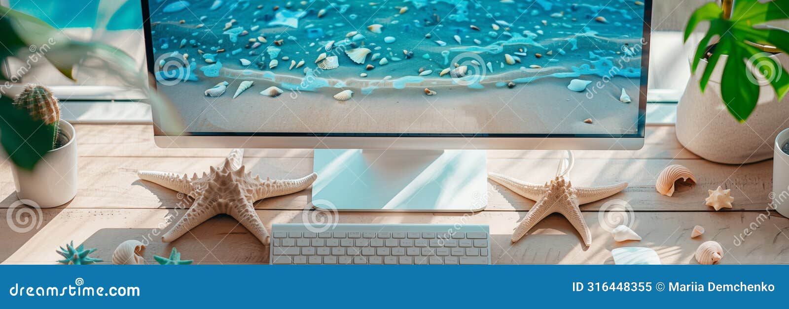 Desktop Computer with Beach-themed Wallpaper Surrounded by Starfish and ...