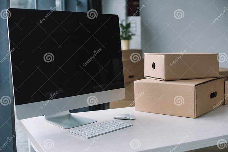 Desktop Computer with Blank Screen and Cardboard Boxes at Workplace ...
