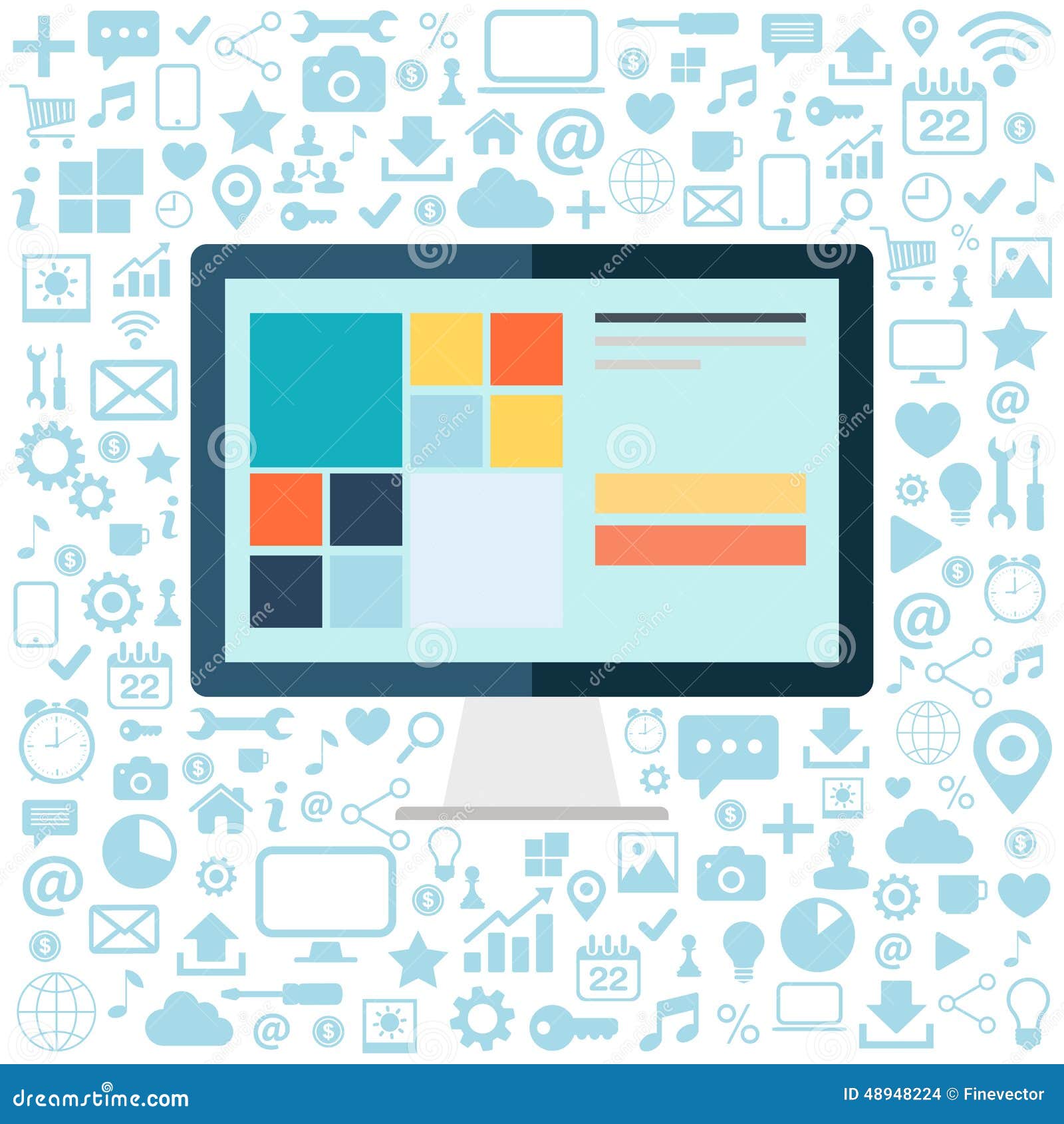 Desktop Computer with Blue Icons Set on White Background. Flat Vector ...